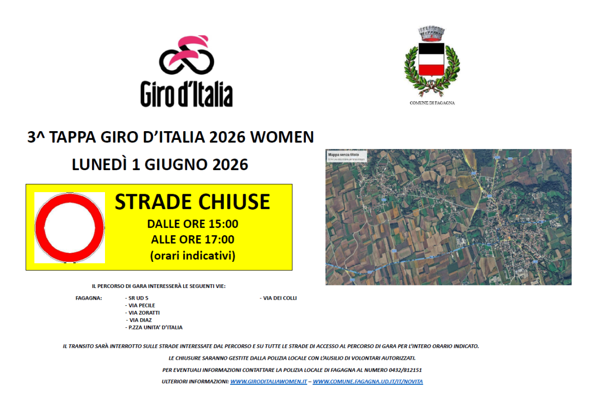 Chiusura strade per Giro d'Italia Donne - 1 giugno - Fagagna